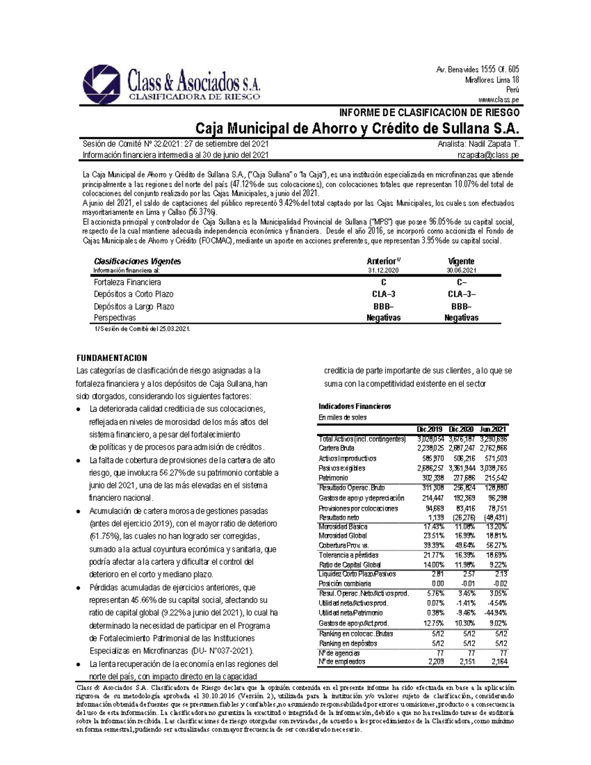 Informe de Clasificación de Riesgo - CMAC Sullana - Junio 2021 - Studocu