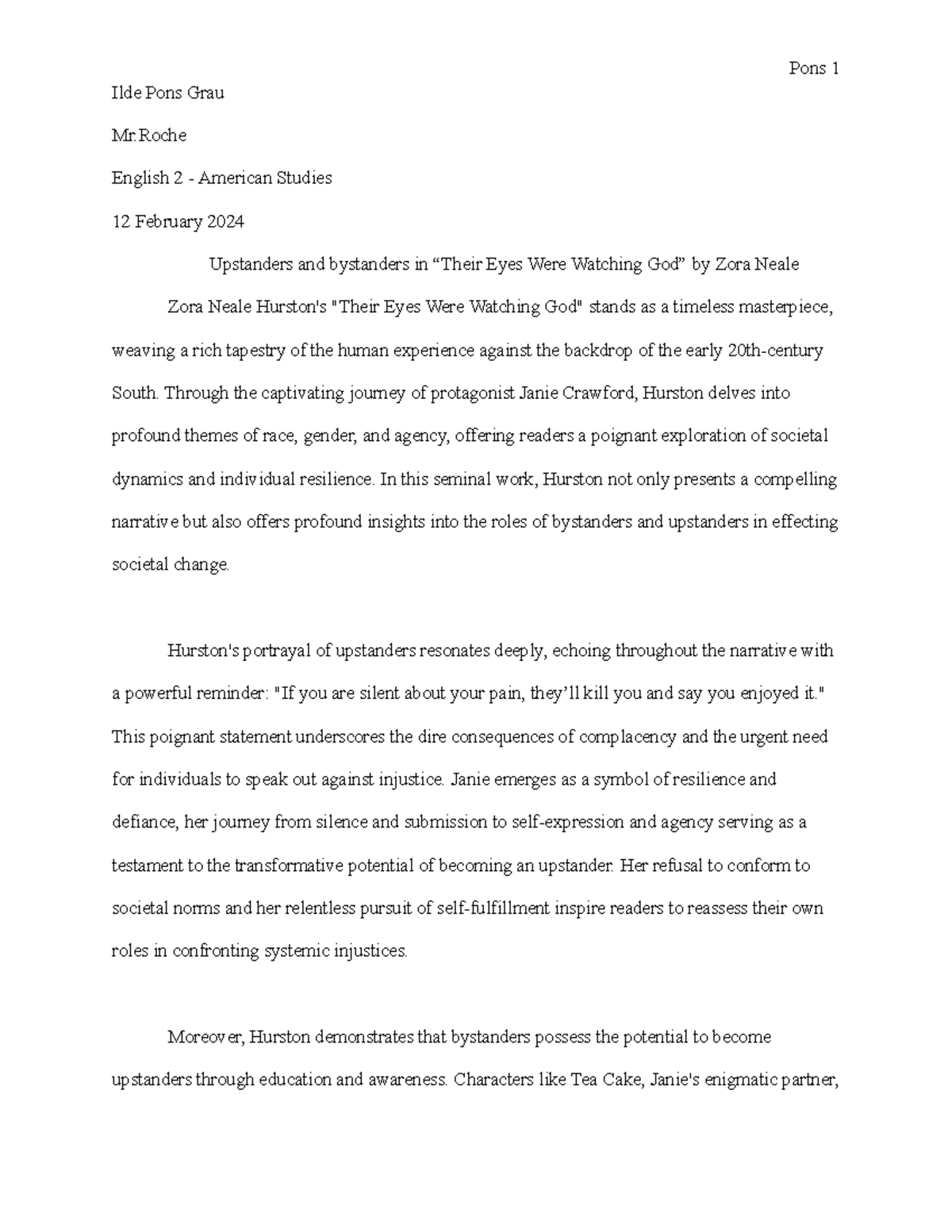 English 2 Essay: Upstanders vs. Bystanders in Hurston's Novel - Studocu