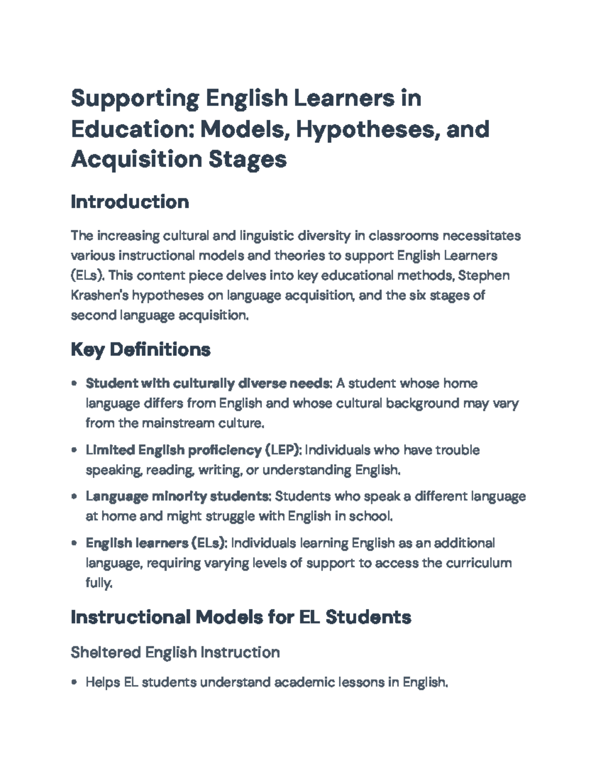Supporting English Learners: Models, Hypotheses, and Acquisition Stages ...