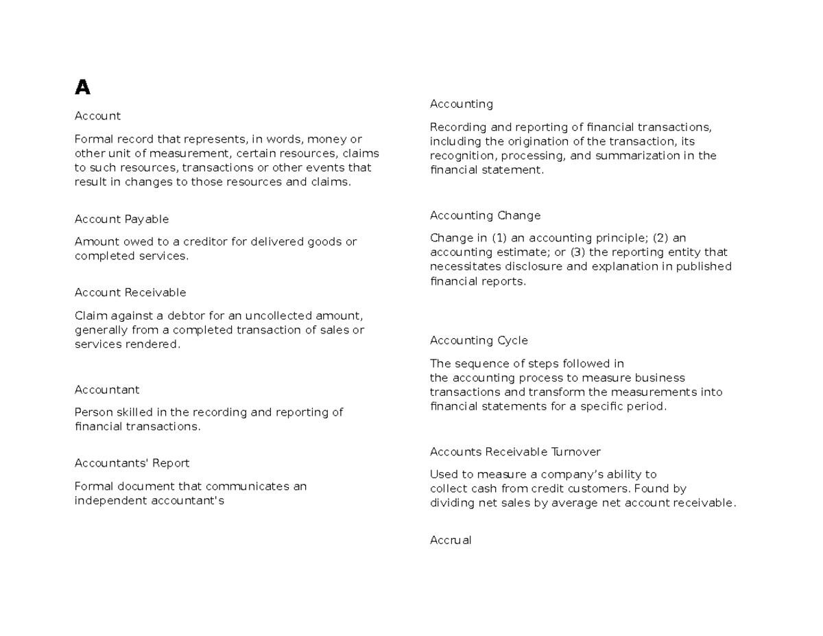 WORD-BANK - Accounting terms - A Account Formal record that represents ...
