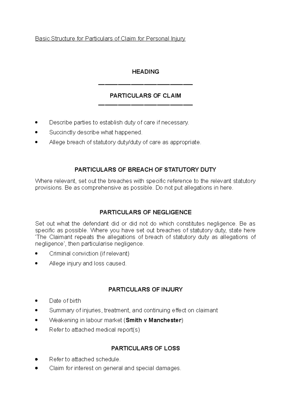 Basic Structure for Particulars of Claim for Personal Injury - Basic ...