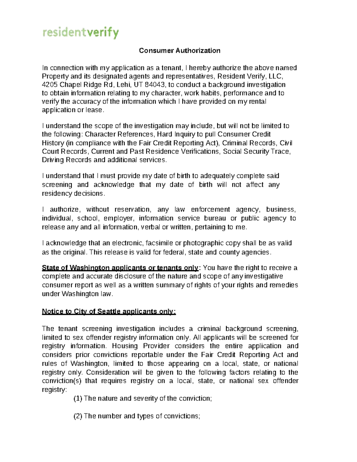 Tenant Background Authorization Form - Consumer Report Consent - Studocu