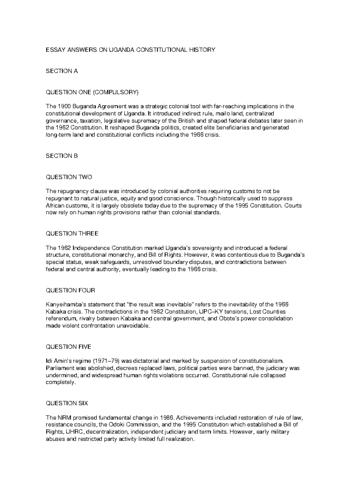 ESSAY ON UGANDA CONSTITUTIONAL HISTORY: KEY DEVELOPMENTS & IMPACT - Studocu