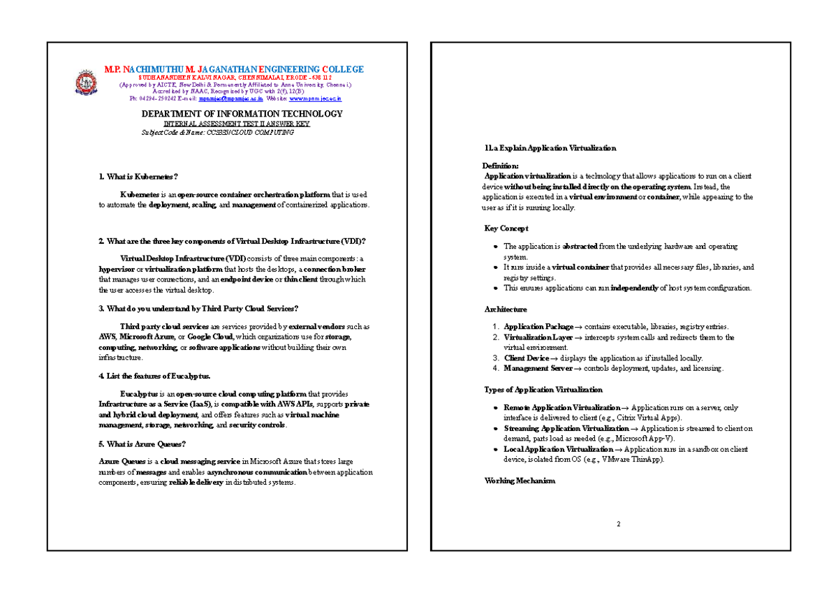 CC - IAT - 2 Internal Assessment Test II Answer Key on Application ...