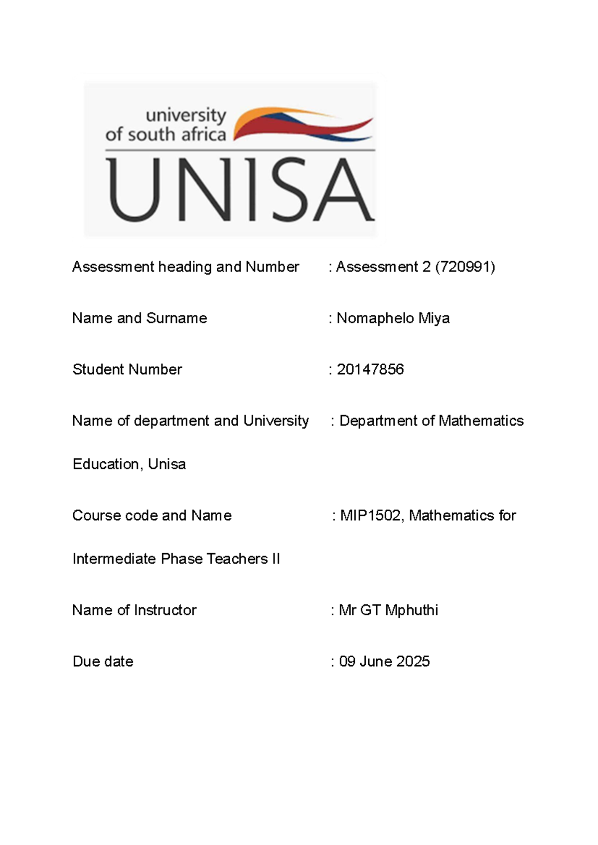 MIP1502 Mathematics for Intermediate Phase Teachers II - Assessment 2 ...