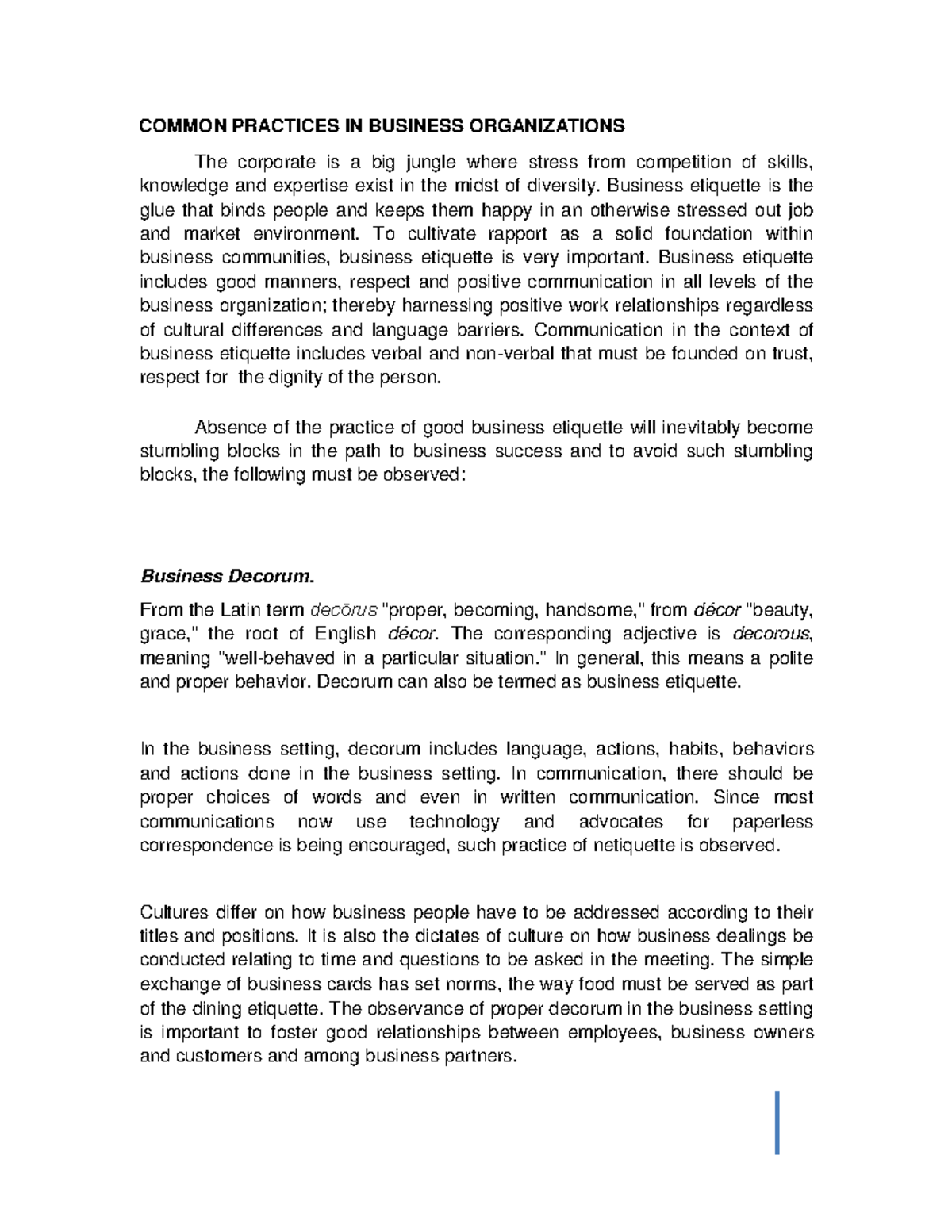 Common Practices IN Business Organizations - COMMON PRACTICES IN ...