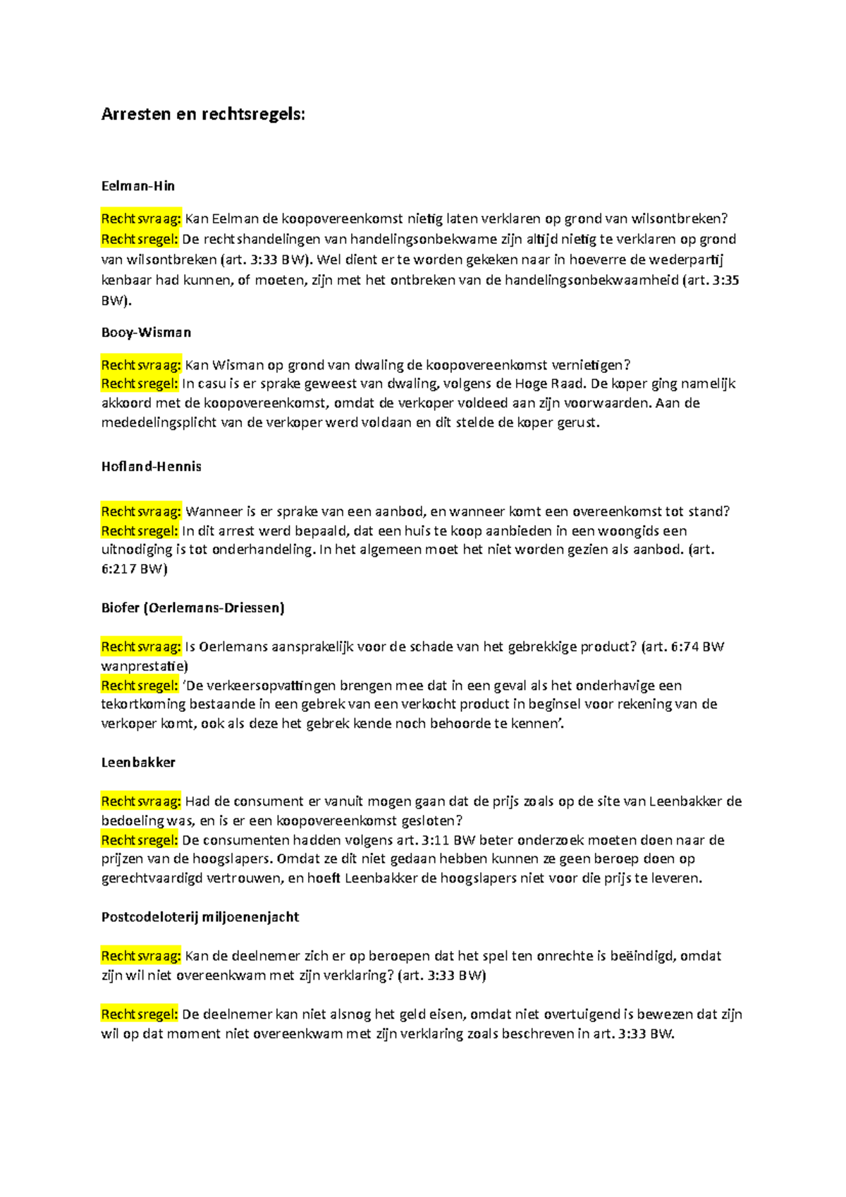 Arresten en Rechtsregels - Blok 1 Samenvatting voor Juridische Studies ...