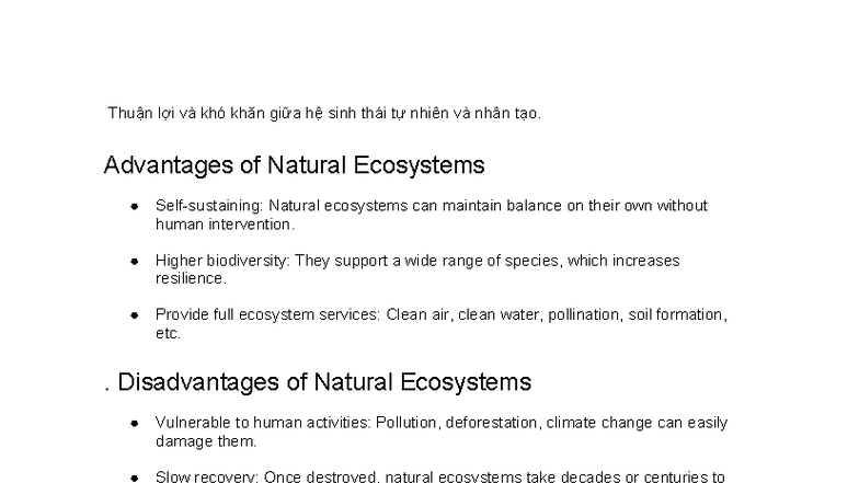 ADS VÀ Disadvantages of Natural vs. Artificial Ecosystems - Studocu