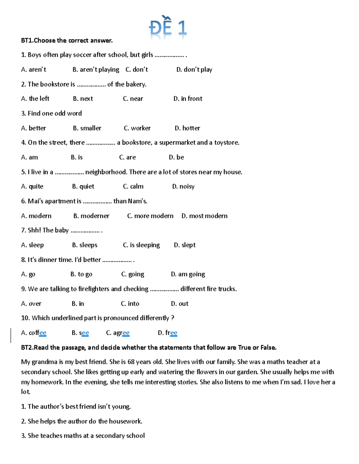 Ck1 - English Language Practice: Multiple Choice & Comprehension - Studocu