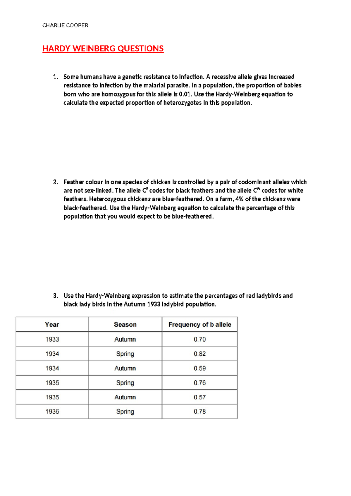 Hardy-Weinberg Questions: Genetic Calculations and Solutions - Studocu