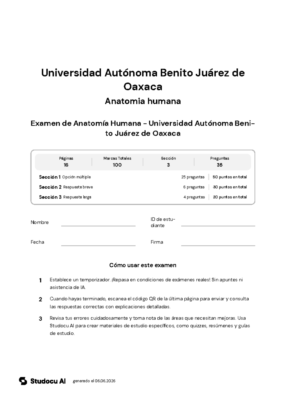 Examen de Anatomía Humana - UABJO - Studocu