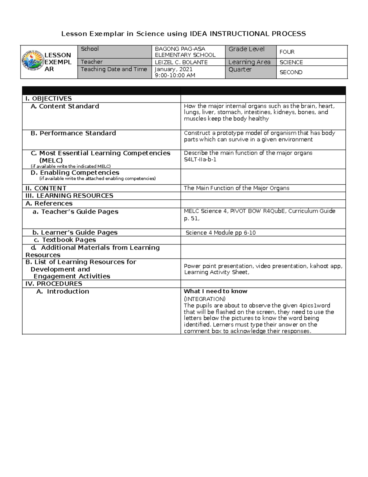 Science 4 Lesson Plan: Major Organs & Their Functions - Studocu