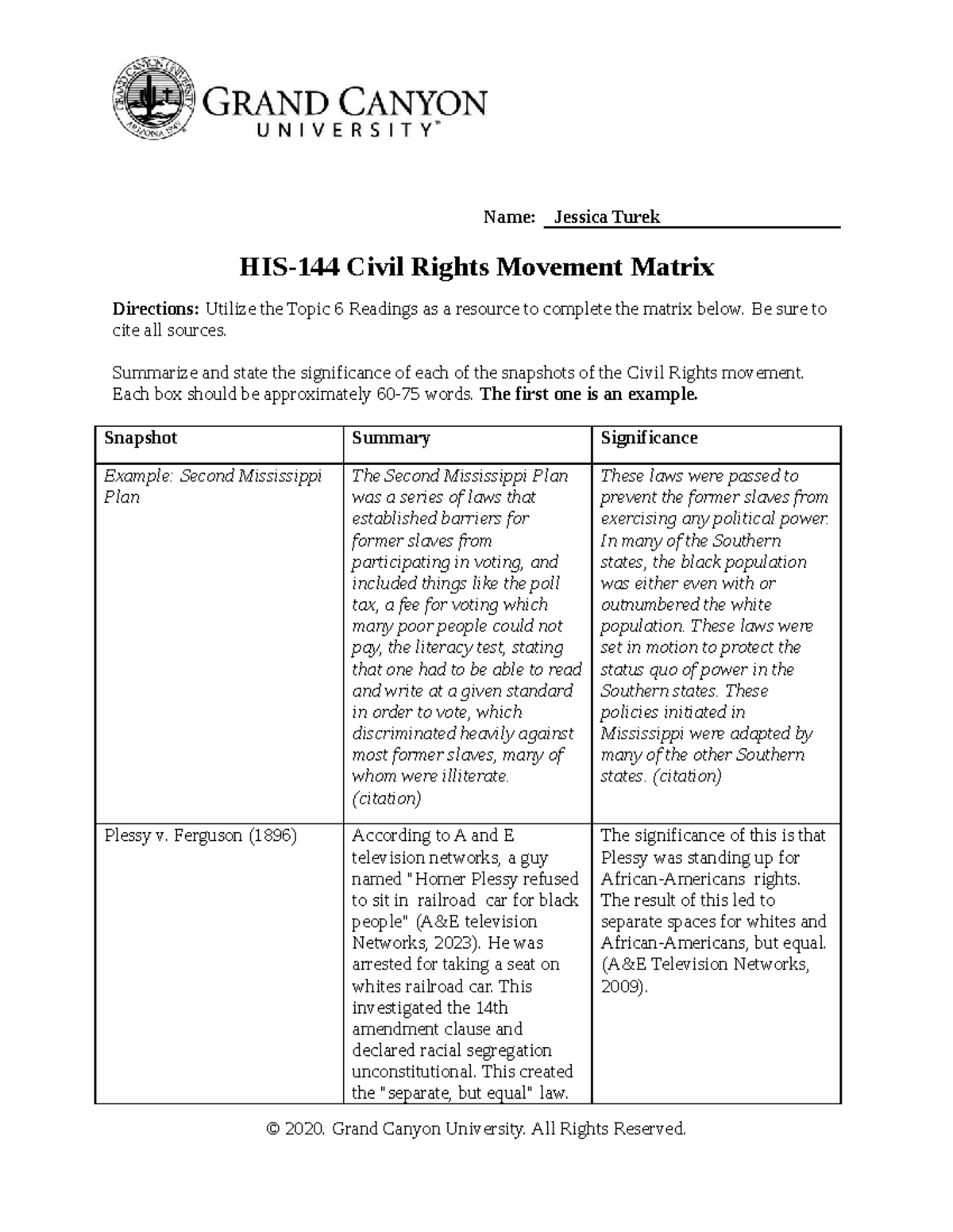 HIS-144-T6 Civil Rights Movement Matrix Summary & Significance Guide ...