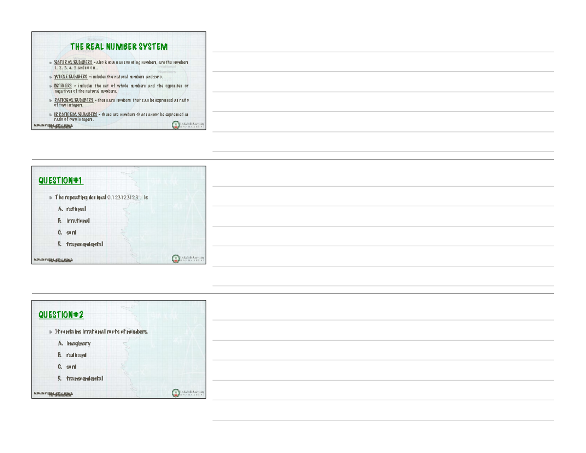 ENGG 1 Algebra Handouts: Understanding the Real Number System - Studocu