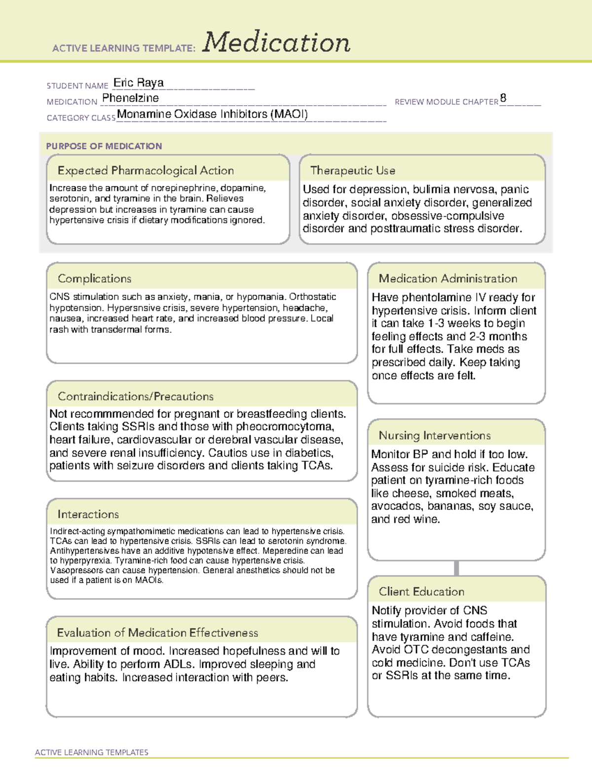 Phenelzine Active Learning Template for MAOIs: Nursing Guidelines - Studocu