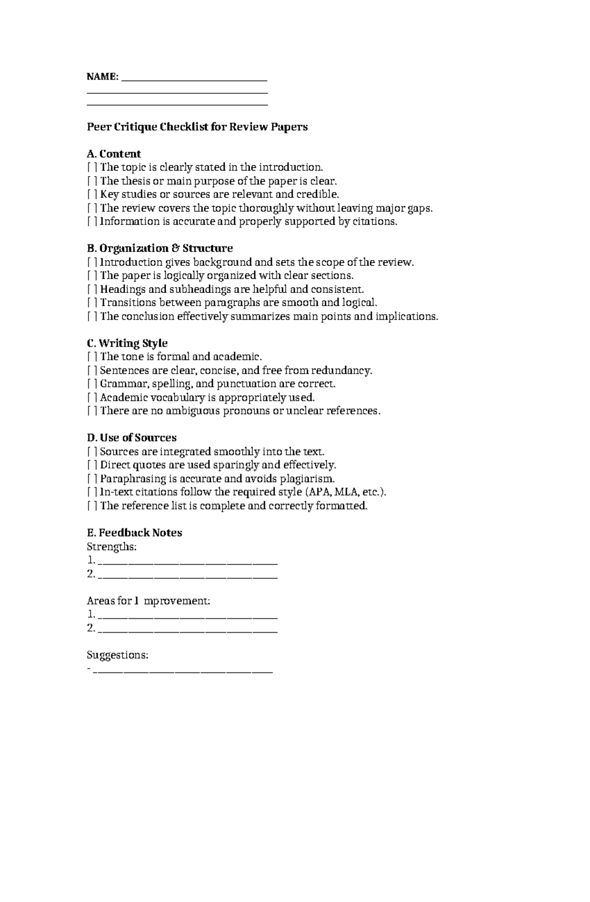 Peer Critique Checklist for Review Papers (ENG 101) - Studocu