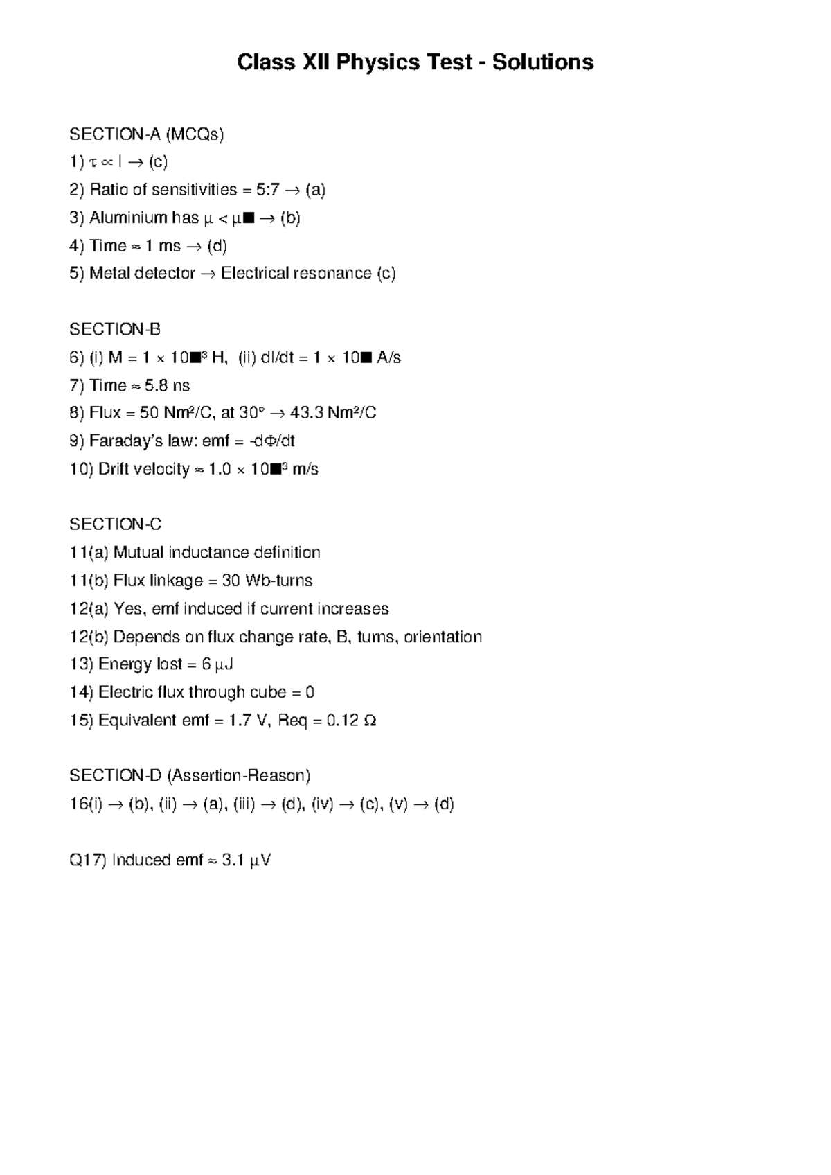 Class XII Physics Test Solutions (MCQs) - Studocu