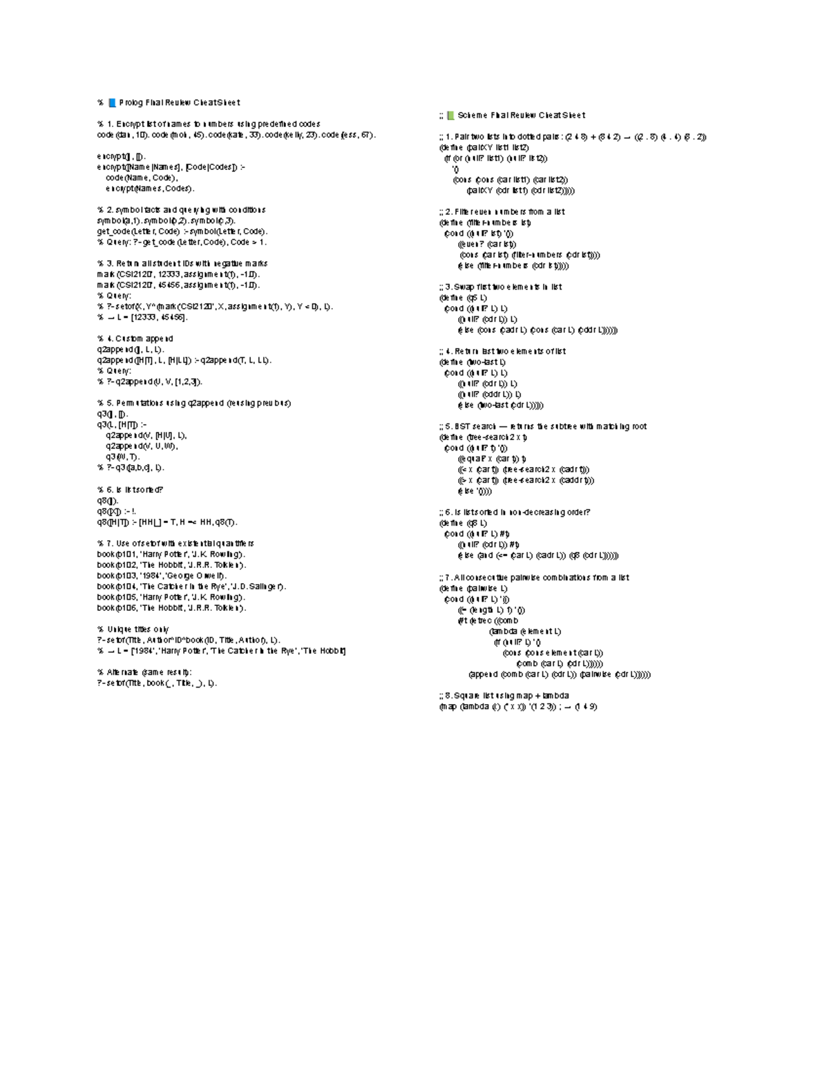 Prolog & Scheme Final Review Cheat Sheet for Programming Paradigms ...