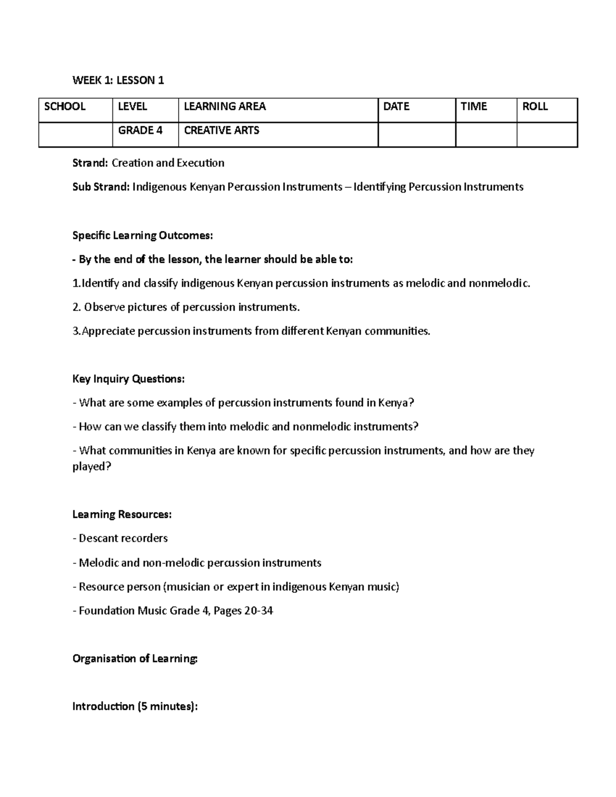 Grade 4 Creative Arts Lesson Plans: Indigenous Kenyan Percussion ...
