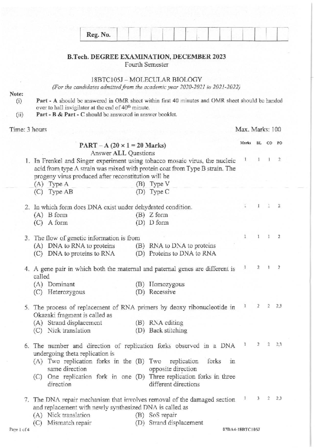 18BTC105J - Molecular Biology Previous Year Questions - Studocu
