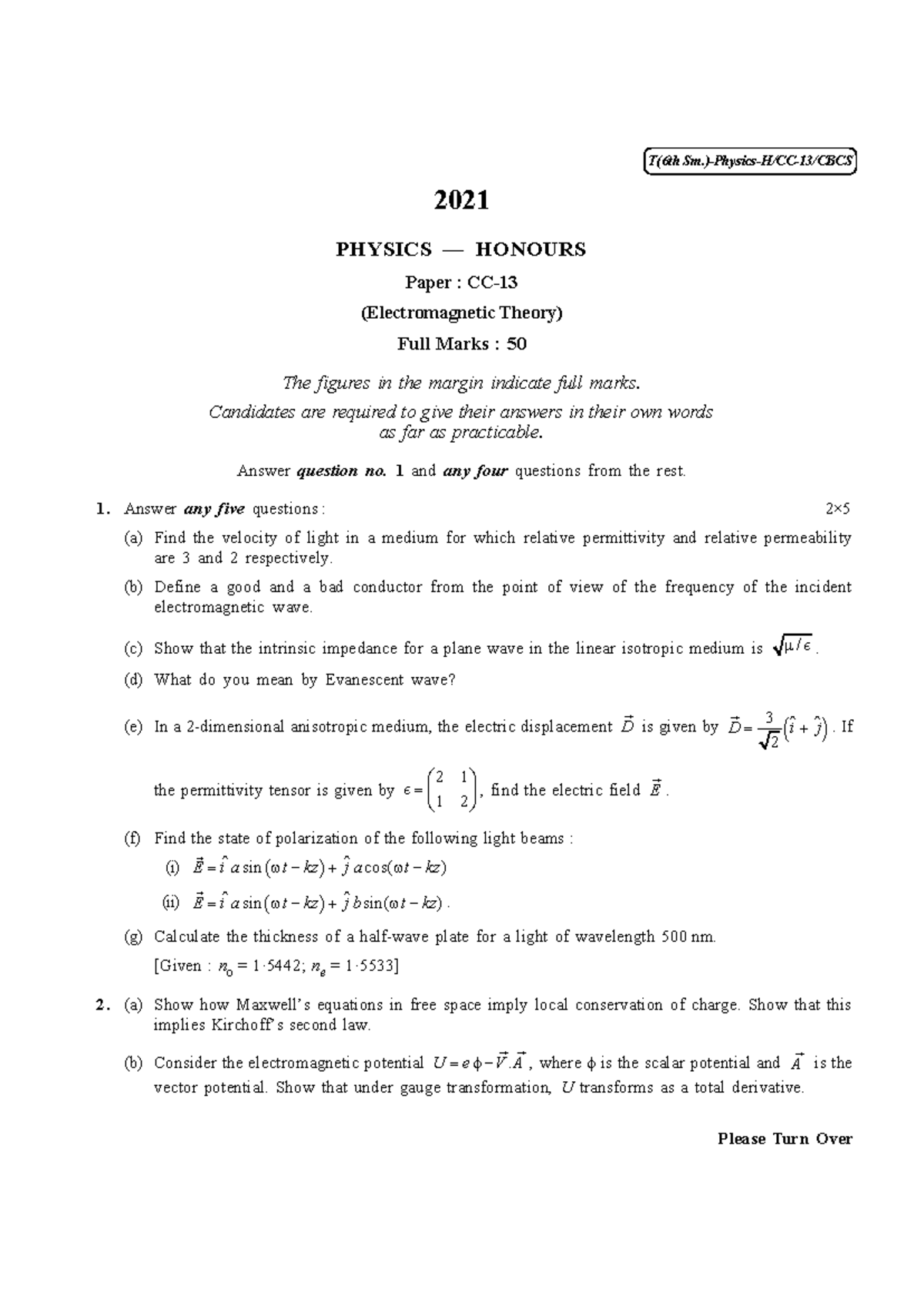 SEM 6 BSc HONS Physics CC-13 Electromagnetic Theory Questions - ####### ( 1 ) T(6th - Studocu