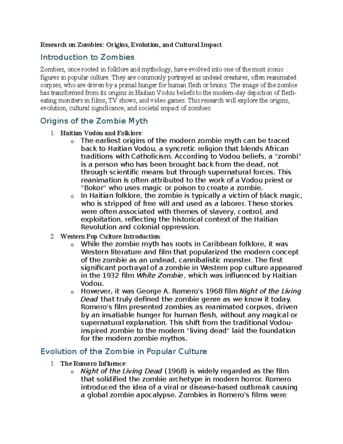Notes 4 - Note for English Academic - Research on Zombies: Origins ...