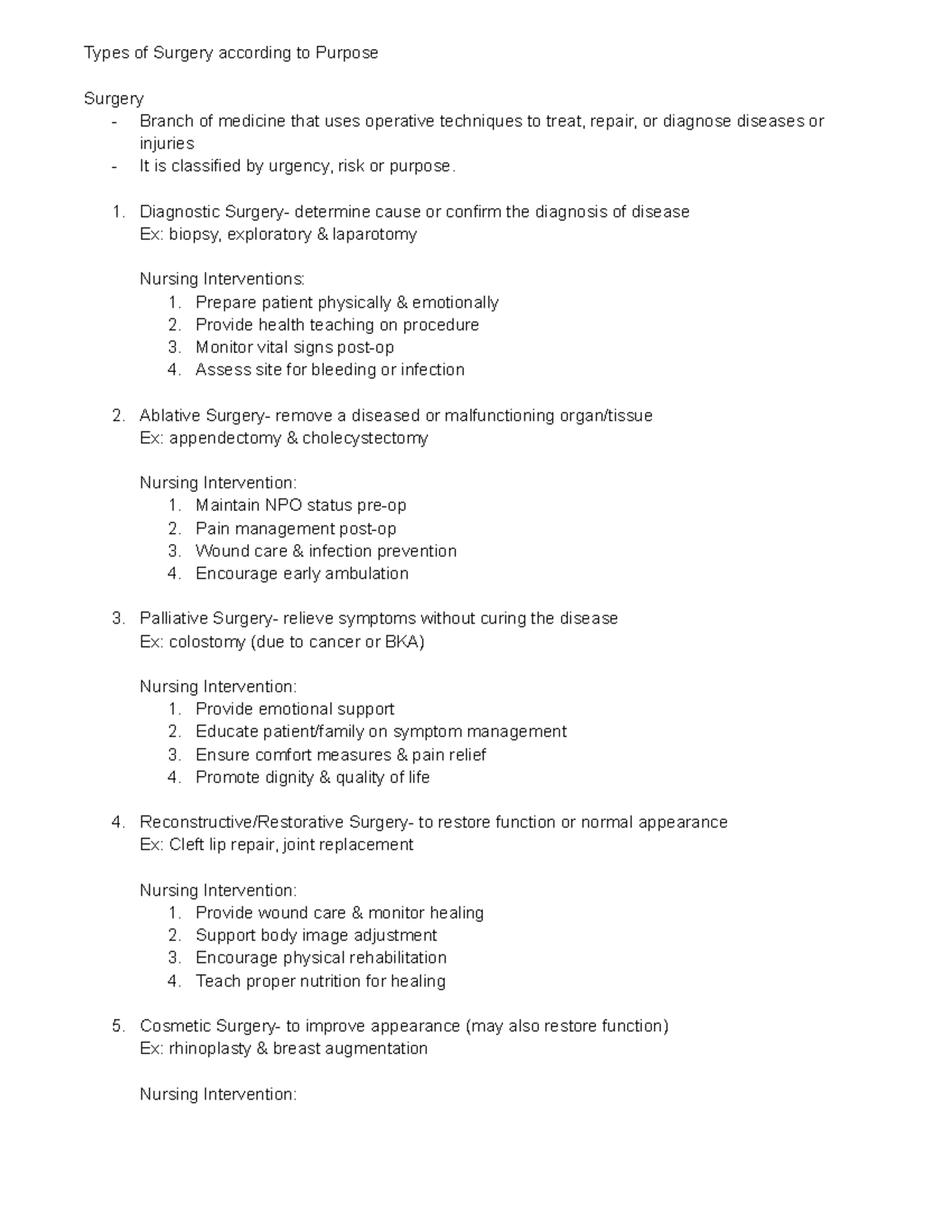 Medsurg: Types of Surgery Based on Purpose and Nursing Interventions ...