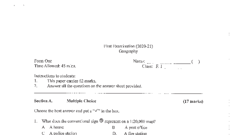 F1 Geog exam - Exam - First Examination Geography Form One Name ...