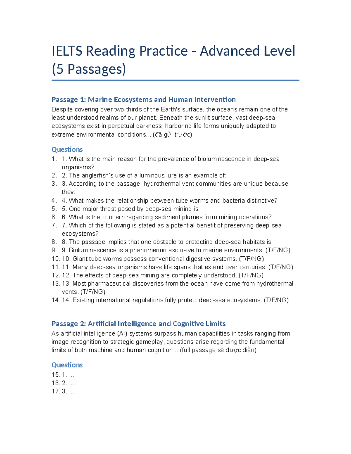 IELTS Reading Advanced Level: 5 Passages Practice Test - Studocu