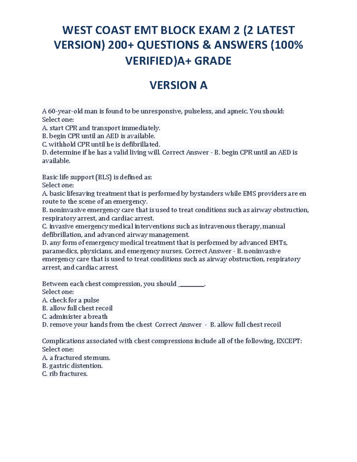 West coast emt block exam 2 2 latest version 200 questions answers 100 ...