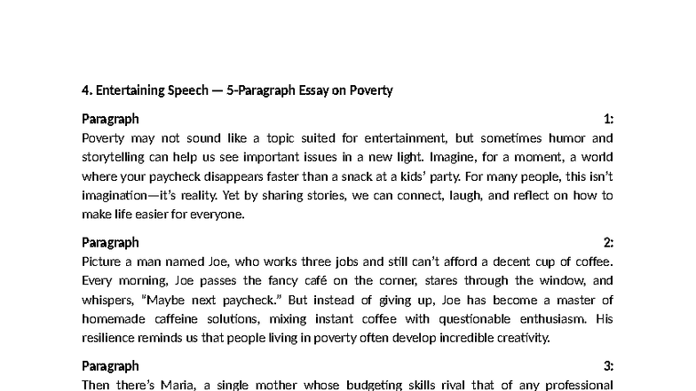 4. Entertaining Speech Essay on Poverty: Humor & Resilience - Studocu