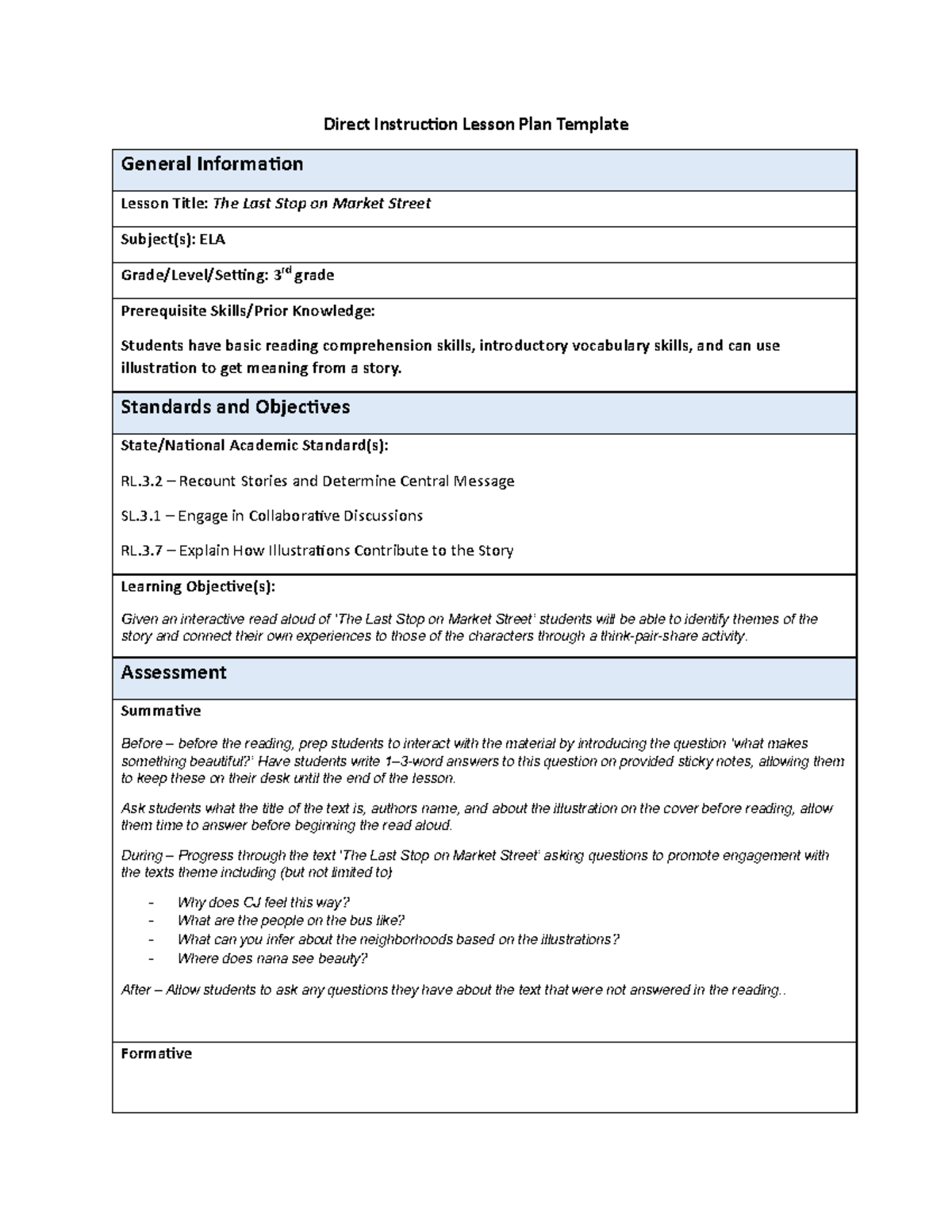 PA 1: Direct Instruction Lesson Plan for "The Last Stop on Market ...
