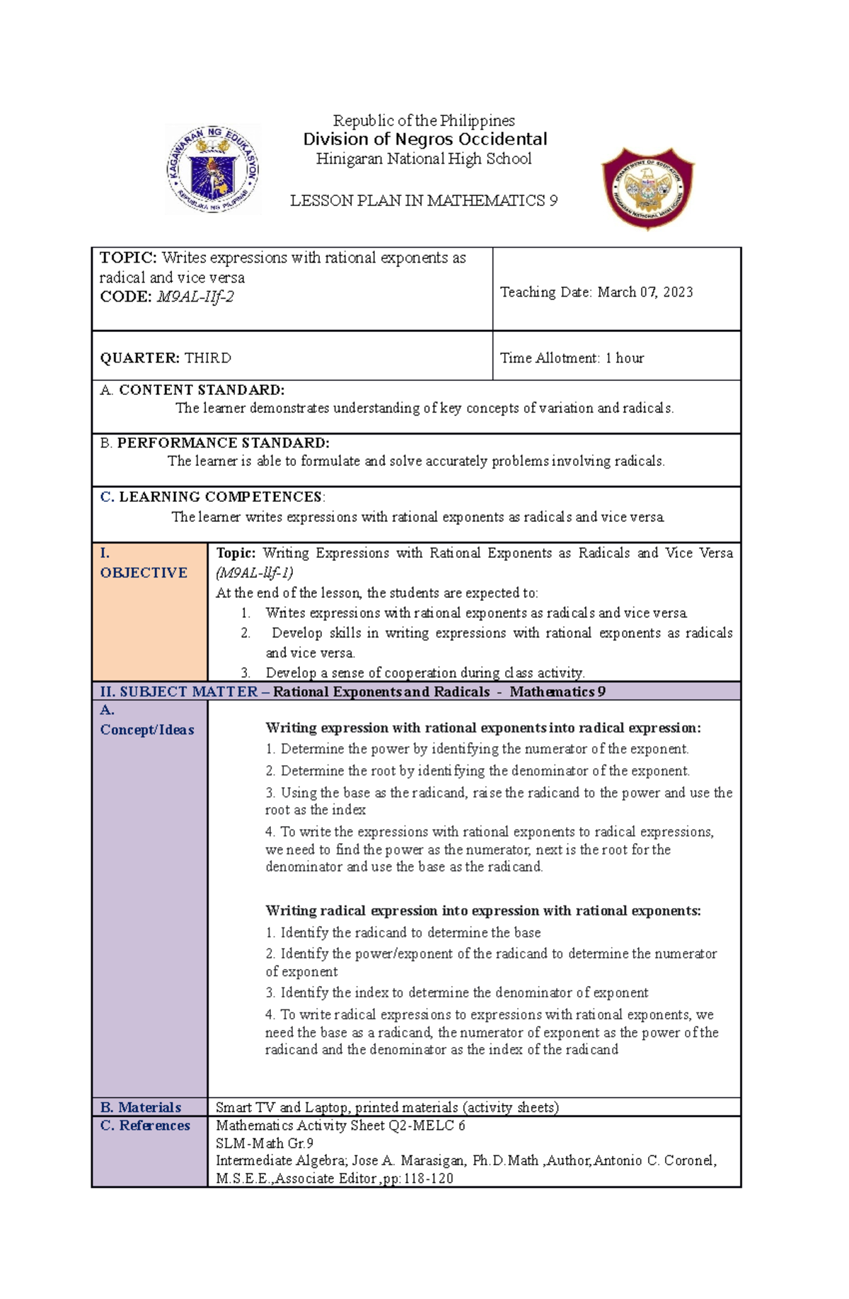 M9AL-IIf-2 Lesson Plan: Writing Expressions with Rational Exponents ...