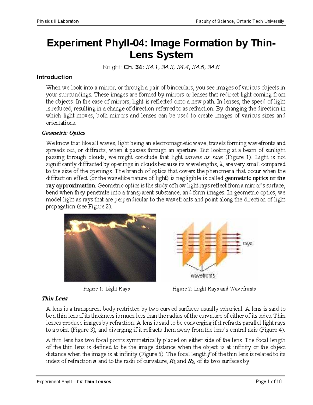 Physics II Lab: Experiment on Thin Lens Image Formation (Knight Ch. 34 ...