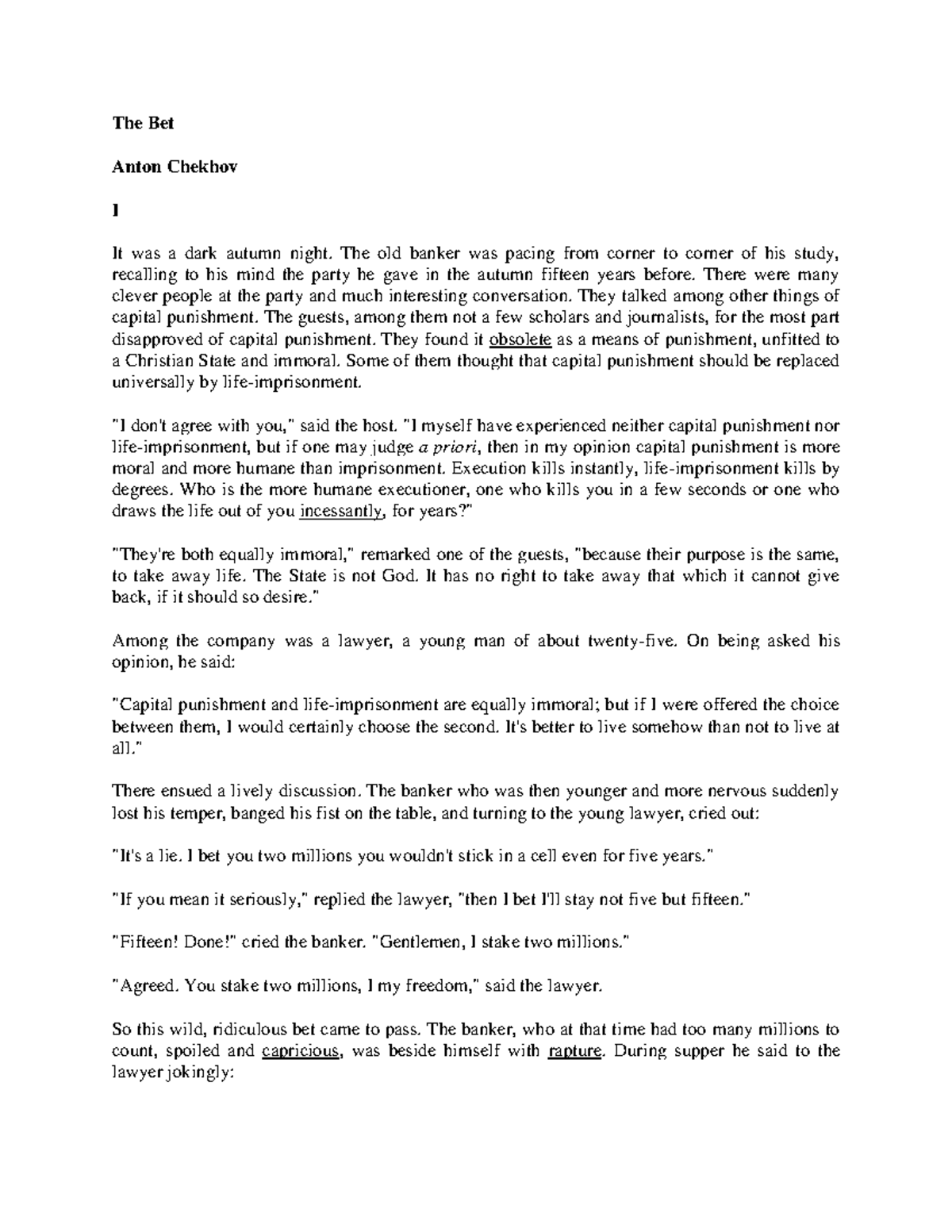 The-Bet-by-Anton-Checkhov (1) - The Bet Anton Chekhov I It was a dark ...