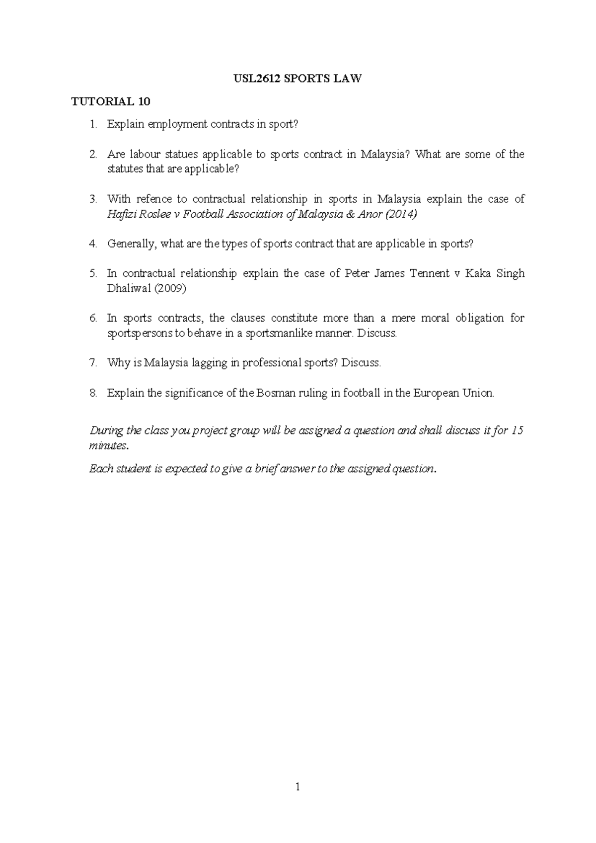 USL2612 Sports Law Tutorial 10: Employment Contracts & Case Studies ...