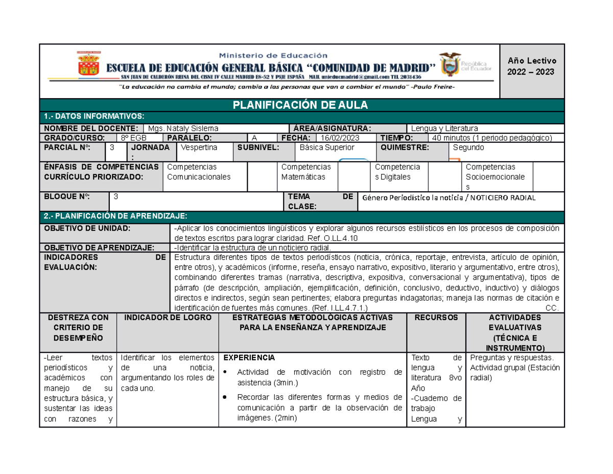 Planificación de Aula L.L. 8º EGB - Segundo Quimestre 2022-2023 - Studocu