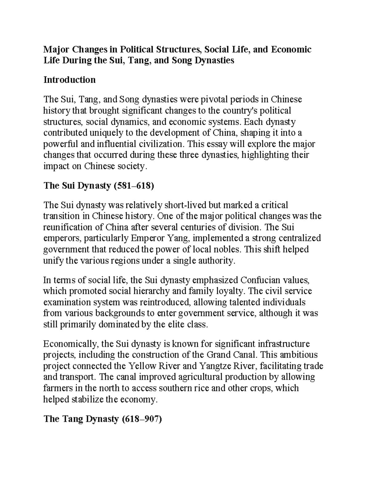 Major Changes in Political Structures in Sui, Tang, & Song Dynasties ...