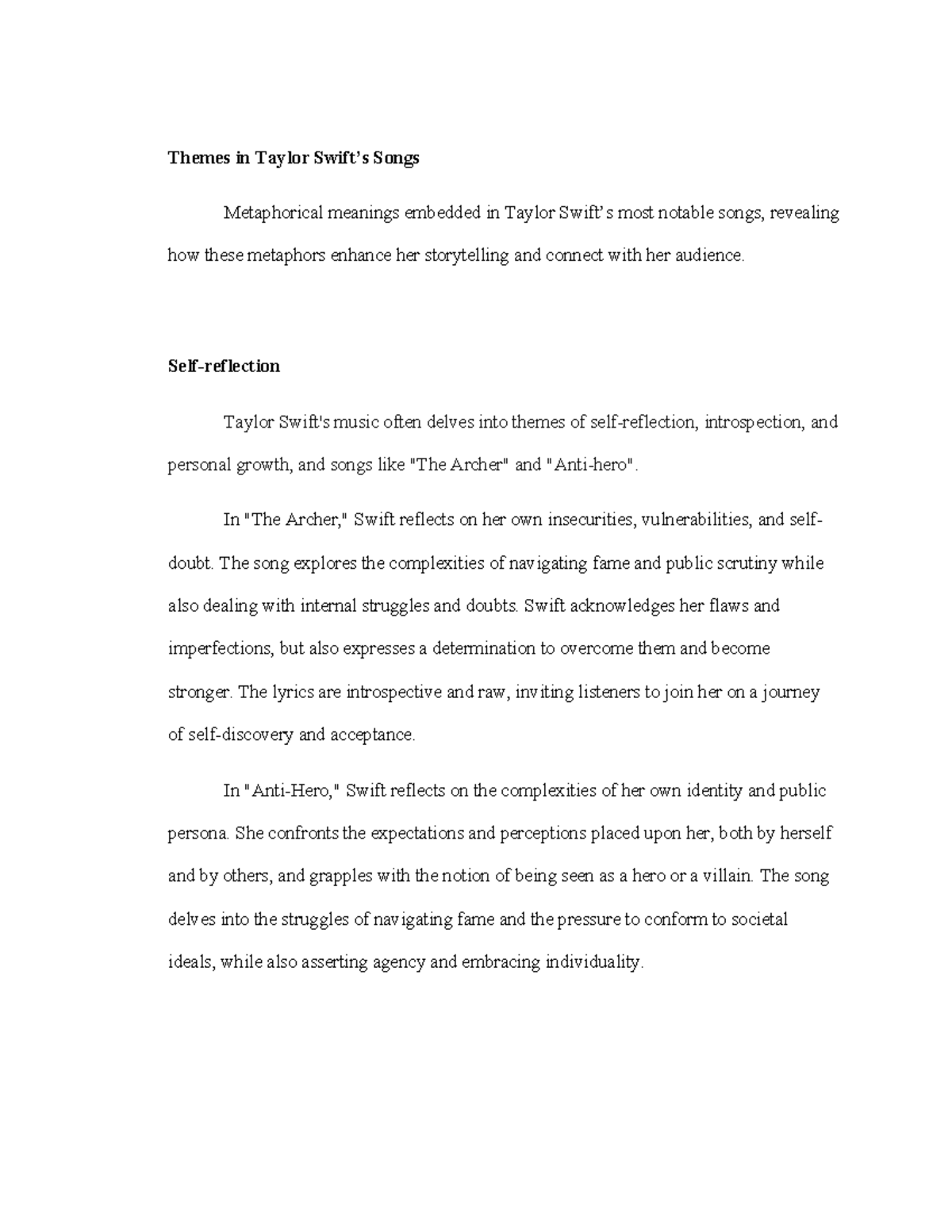 Themes of Metaphor in Taylor Swift's Songs - Research Analysis - Studocu