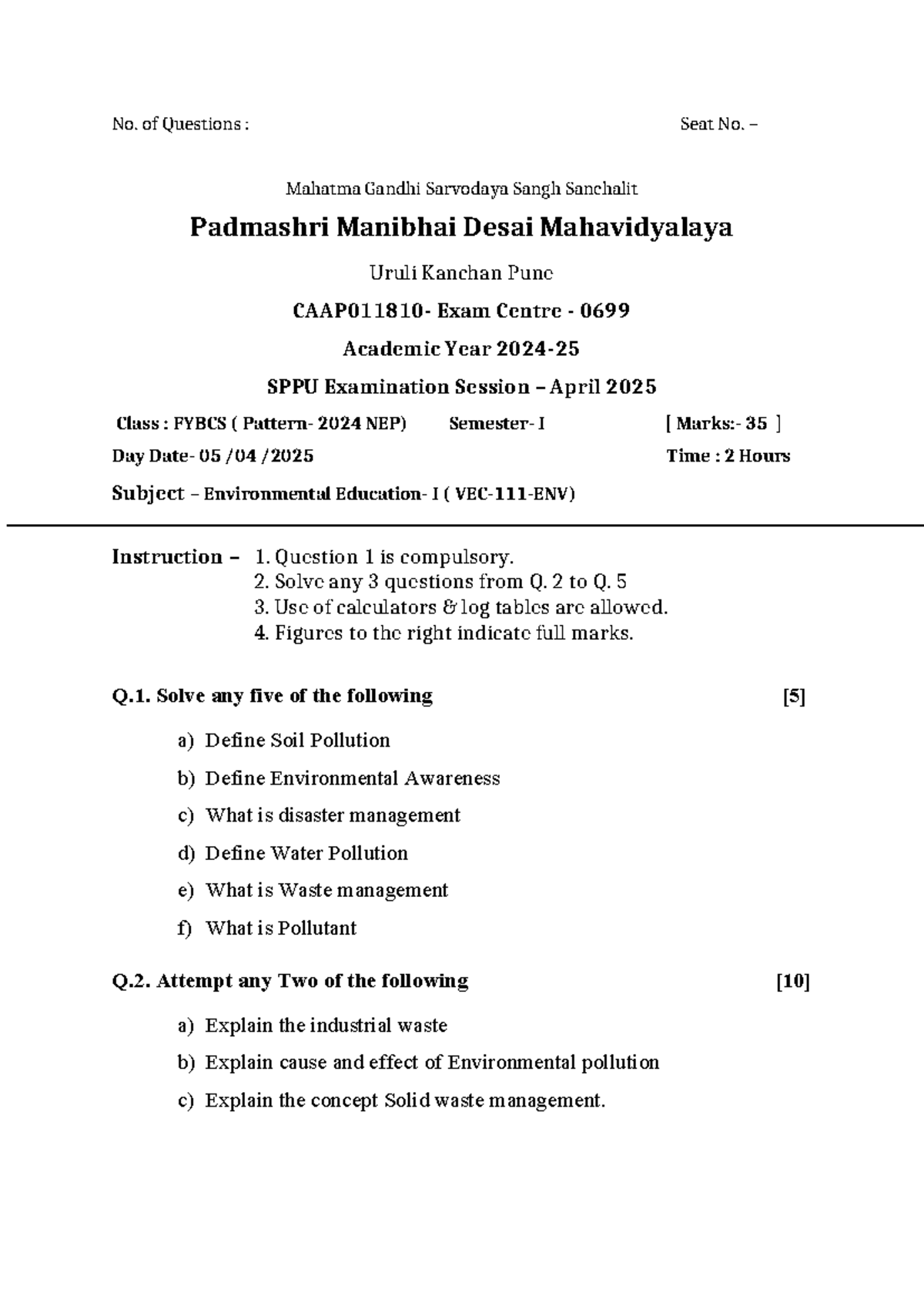 FYBCS Environmental Science Sem 1 Exam Questions - April 2025 - Studocu