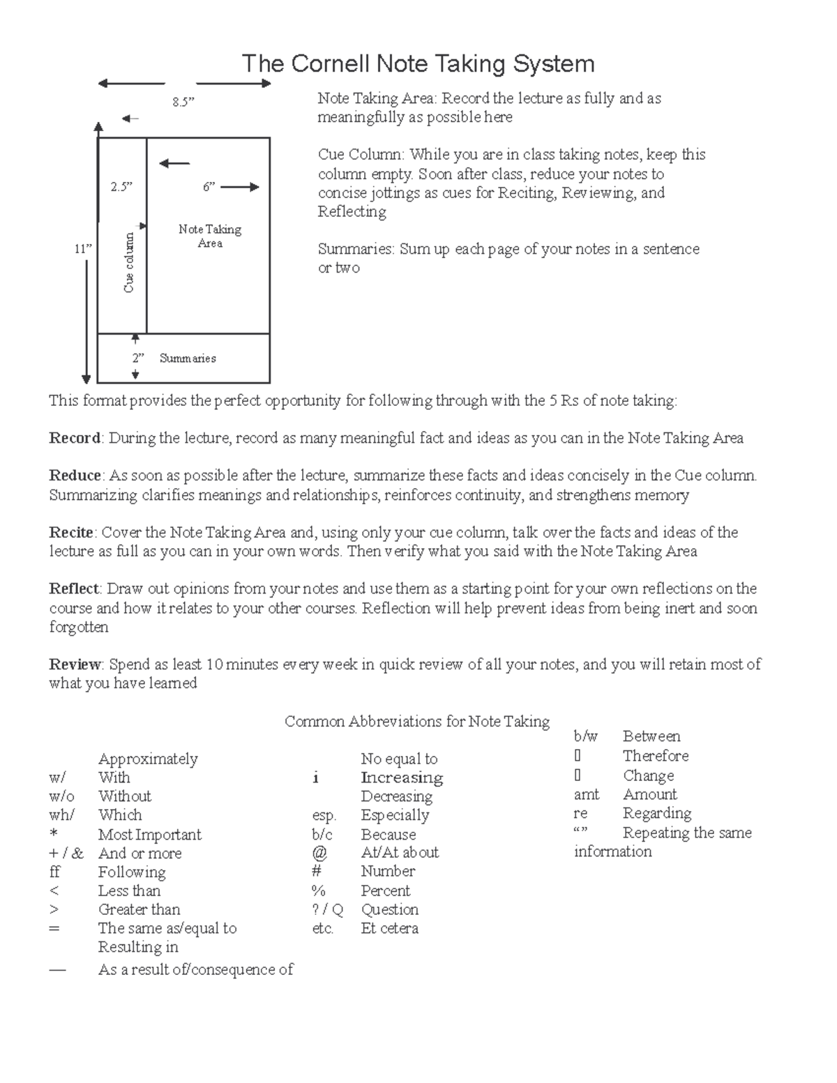 Cornell Note Taking - Assignment - The Cornell Note Taking System 11” 8 ...