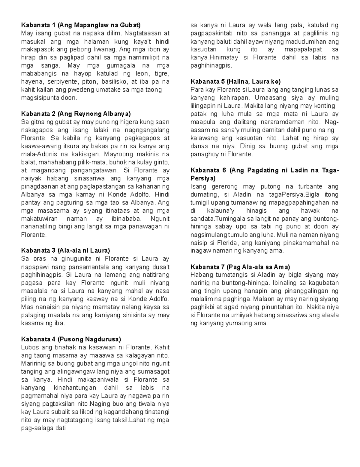 Kabanata 1: Ang Mapanglaw na Gubat sa Florante at Laura - Studocu