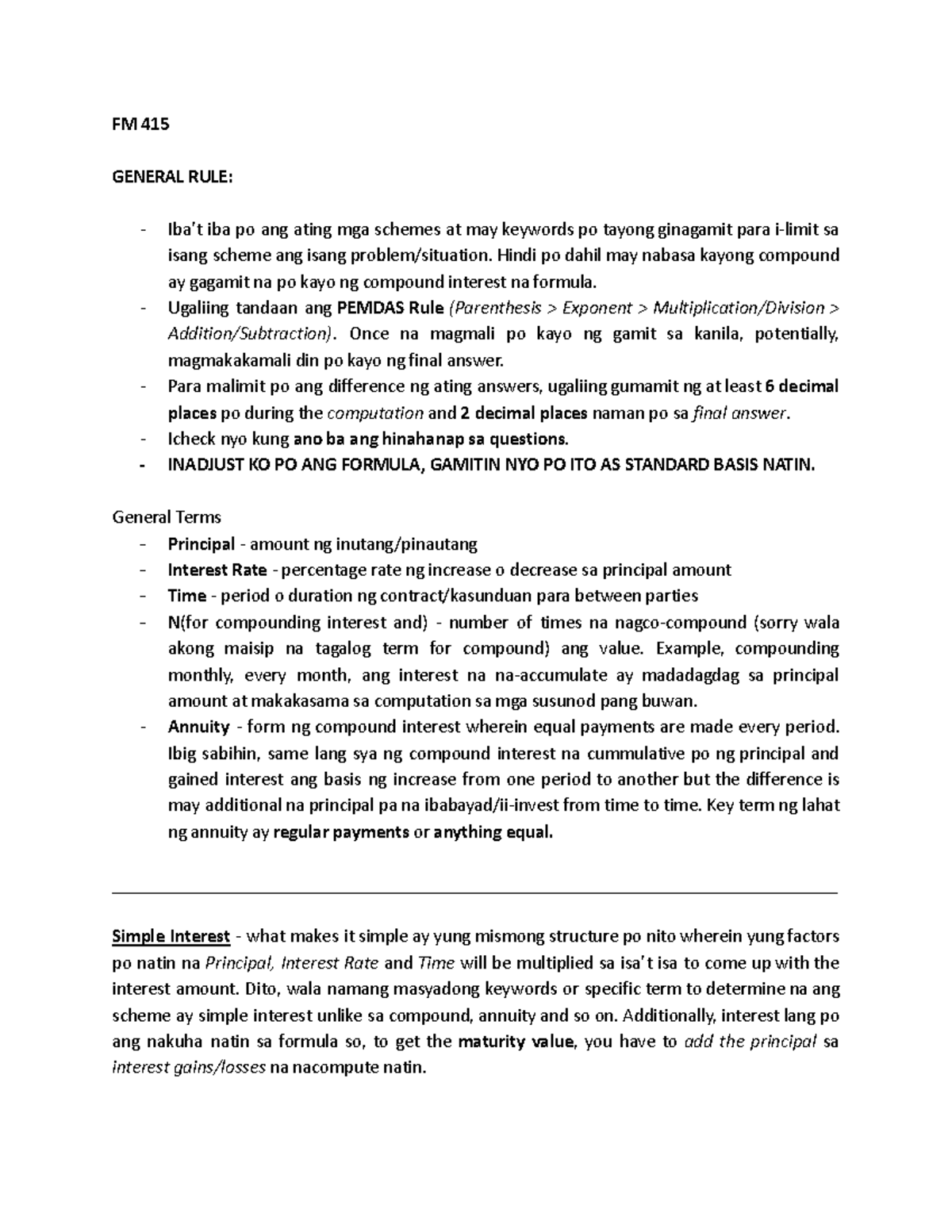 FM 415 Reviewer: Interest Calculations and Annuity Concepts - Studocu