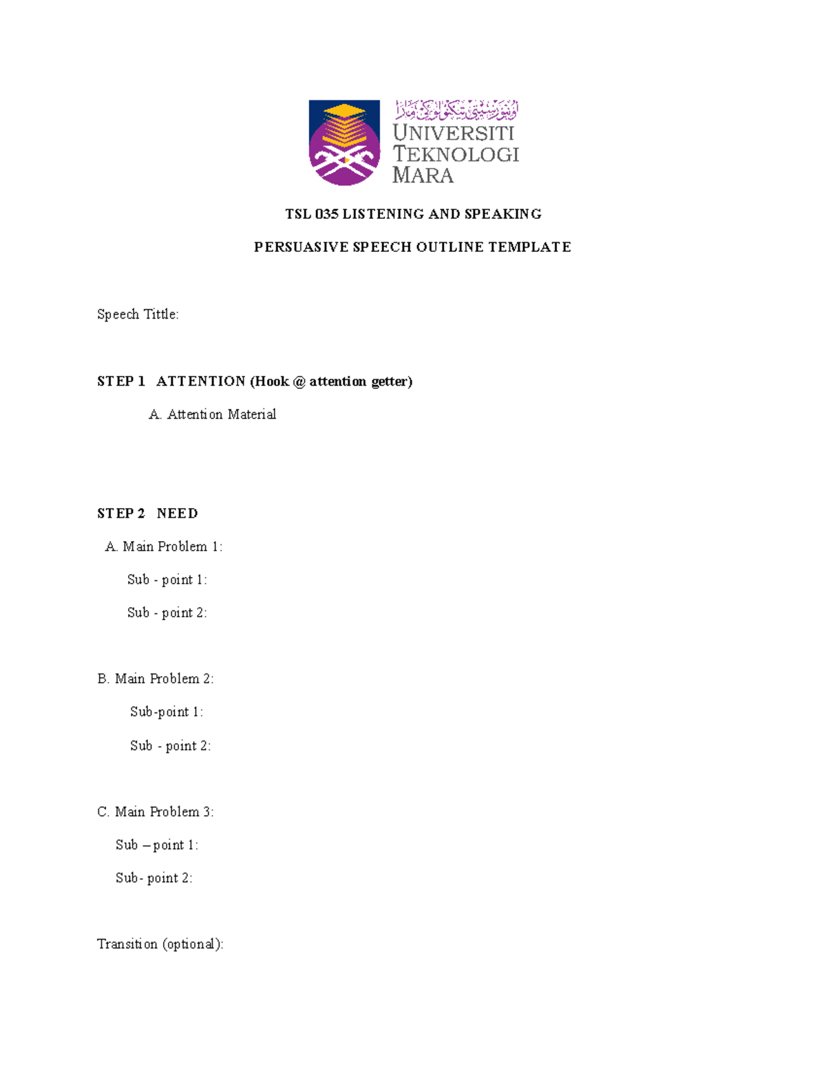 Persuasive speech outline nona - TSL 035 LISTENING AND SPEAKING ...