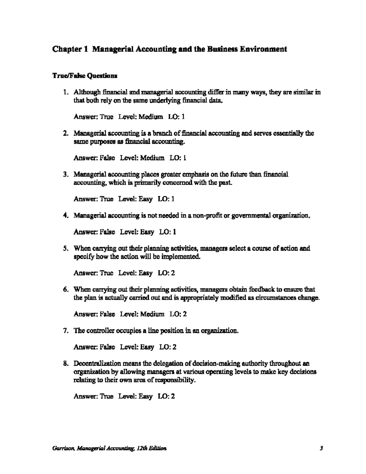 Managerial Accounting 12th Ed. Garrison Test Bank Ch. 1 - Studocu