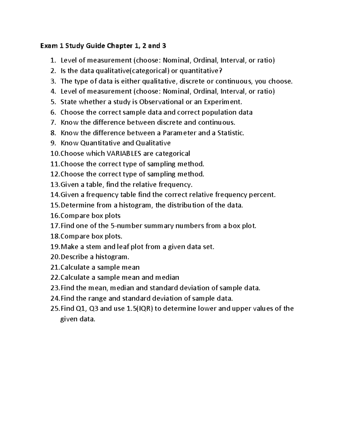 Exam 1 Study Guide: Statistical Concepts & Measurement Levels - Studocu