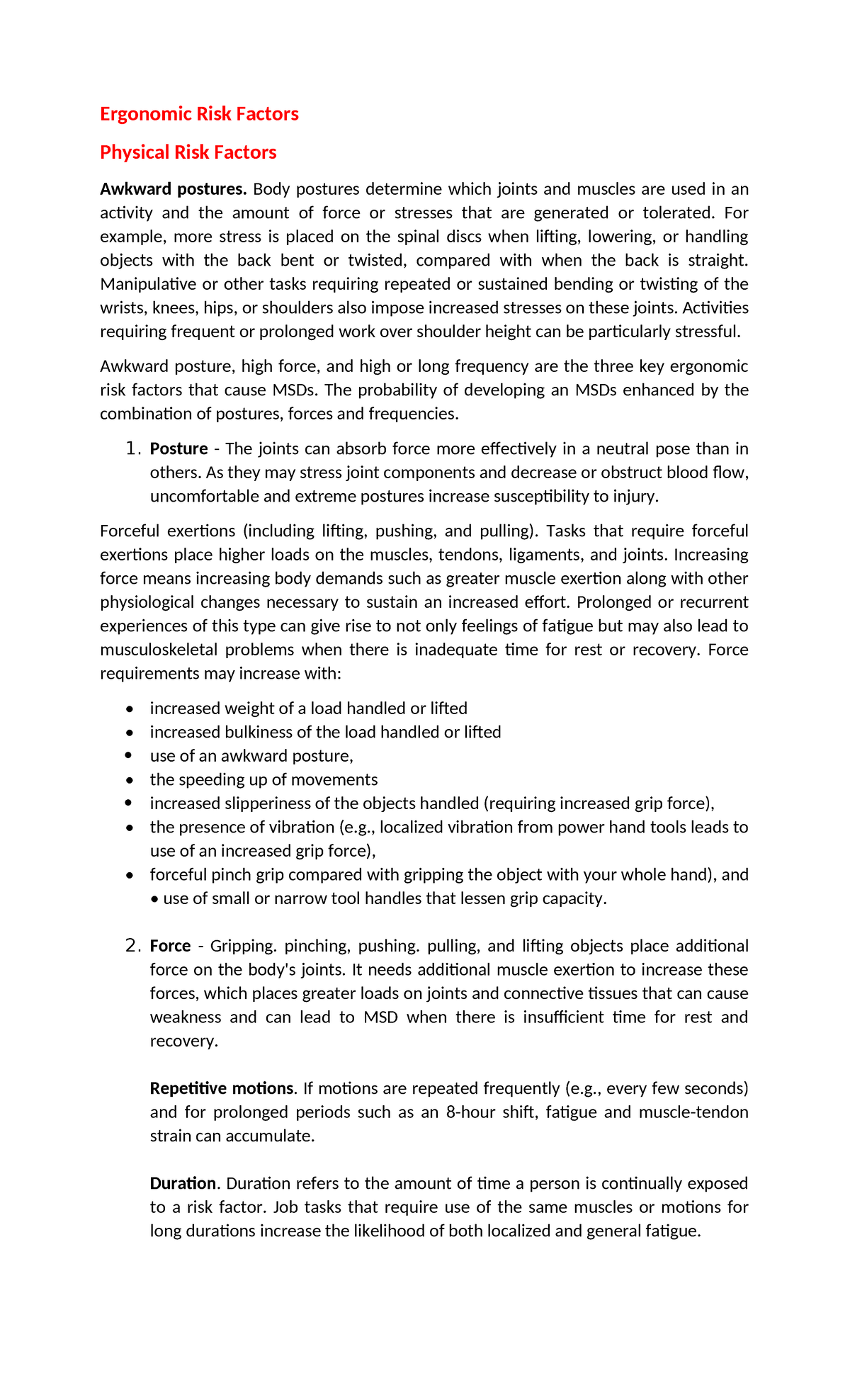 Lesson 2 - Ergonomic Risk Factors - Ergonomic Risk Factors Physical ...
