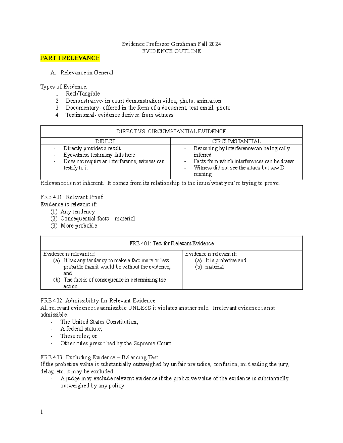 Evidence Outline: Relevance and Admissibility (Evidence 101) - Studocu