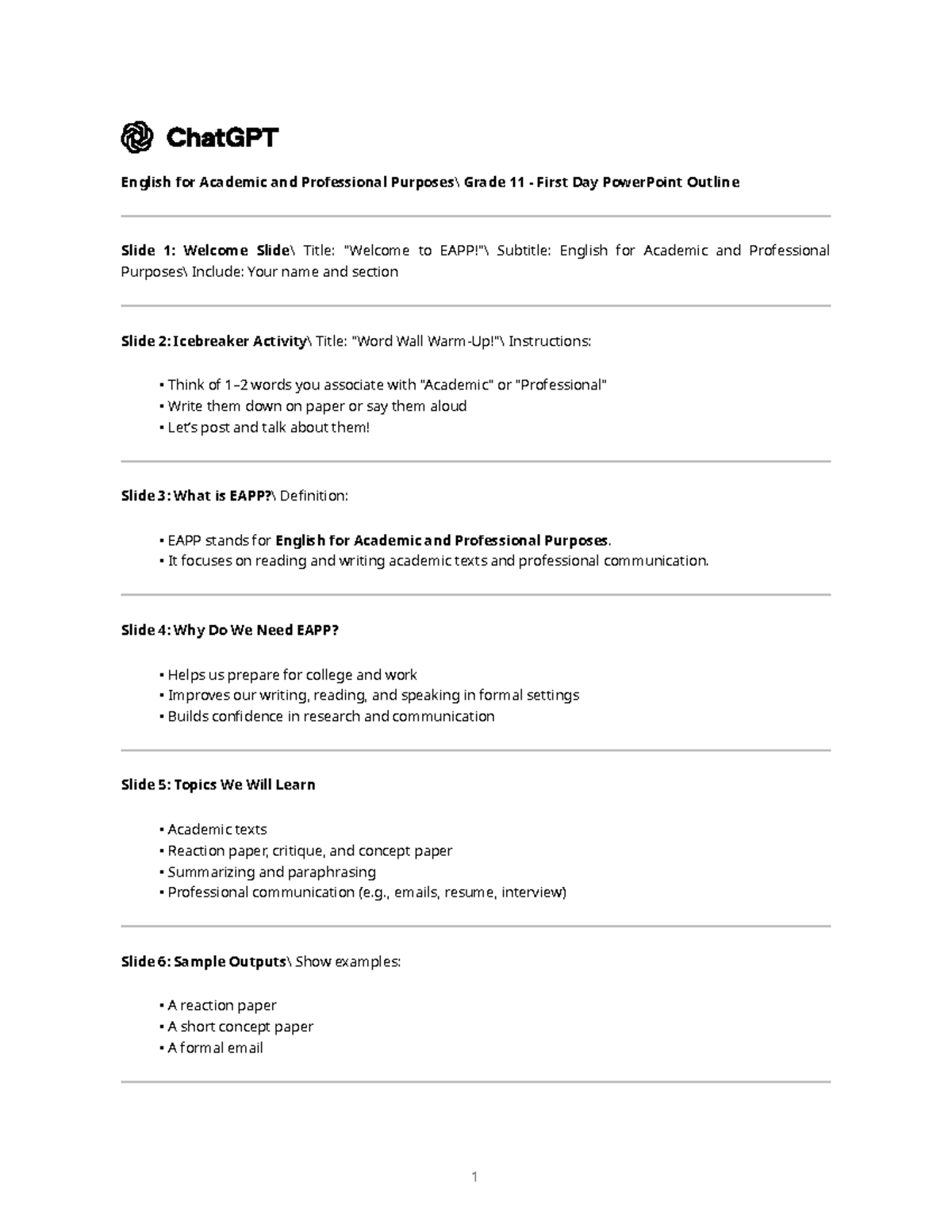 EAPP 11: First Day Presentation Outline and Icebreaker Activities - Studocu