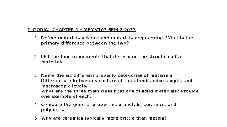 Tutorial Chapter 1 - Materials Science MEMV102 SEM 2 2025 - Studocu